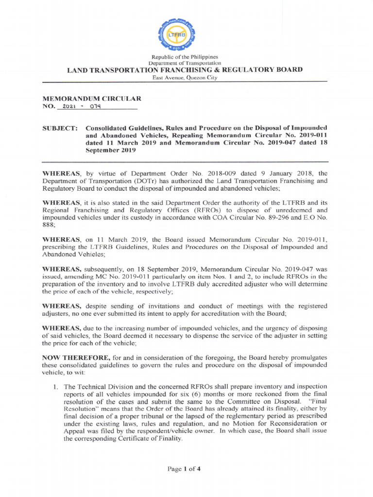 LTFRB Disposal of Impounded Vehicles | PDF