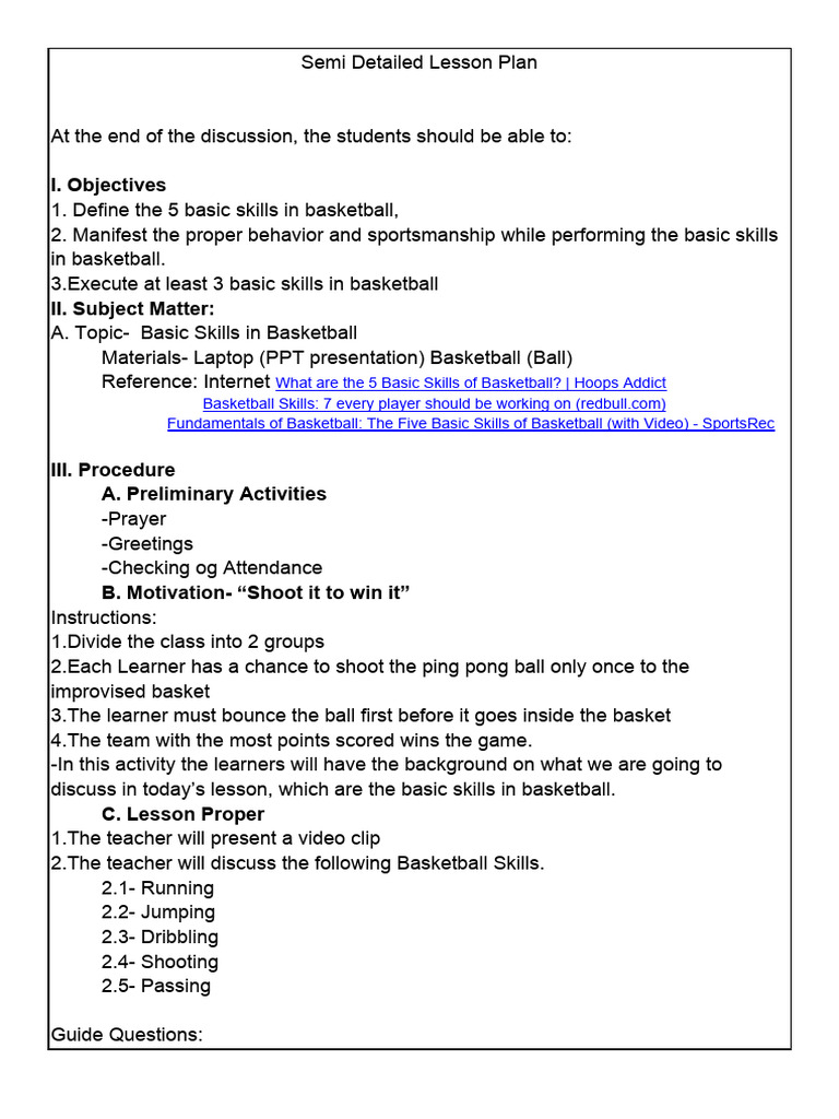 Semi Detailed Lesson Plan About Basketball Skills | PDF