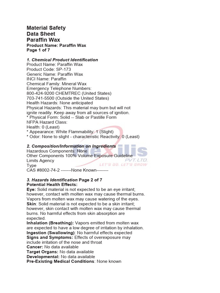 MSDS of Paraffin Wax | PDF | Hazardous Waste | Personal Protective Equipment