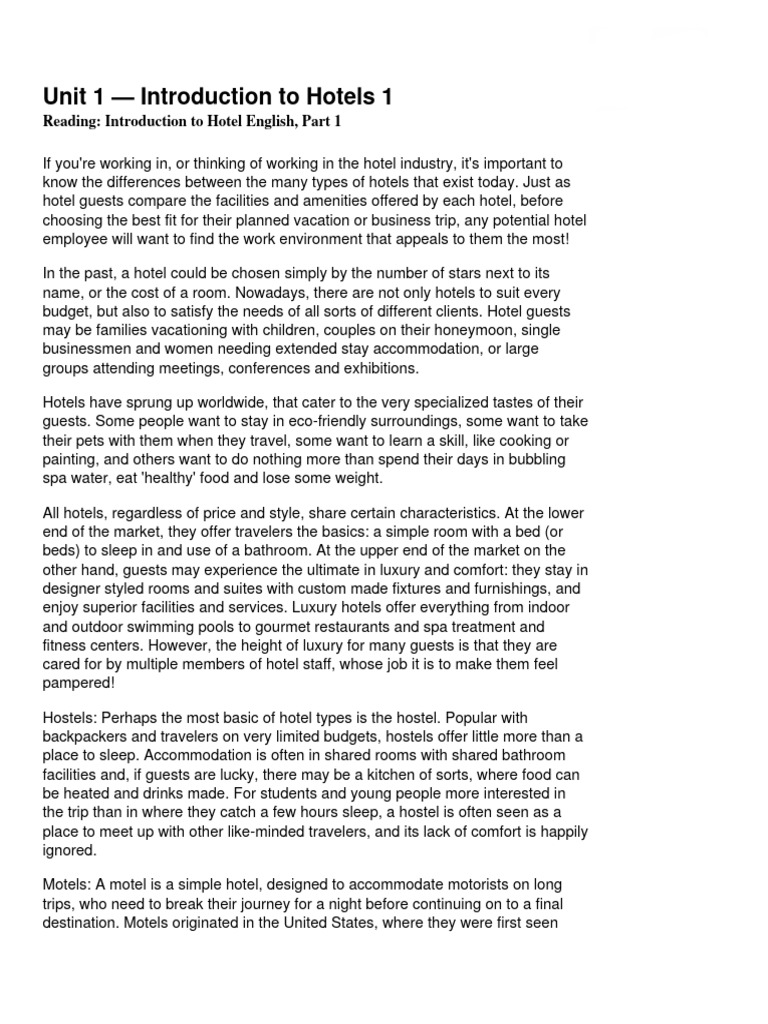 English For Hotels and Tourism - Unit 1 Introduction To Hotel English ...