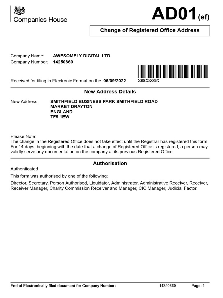 AD01 Change of Registered Office Address | PDF