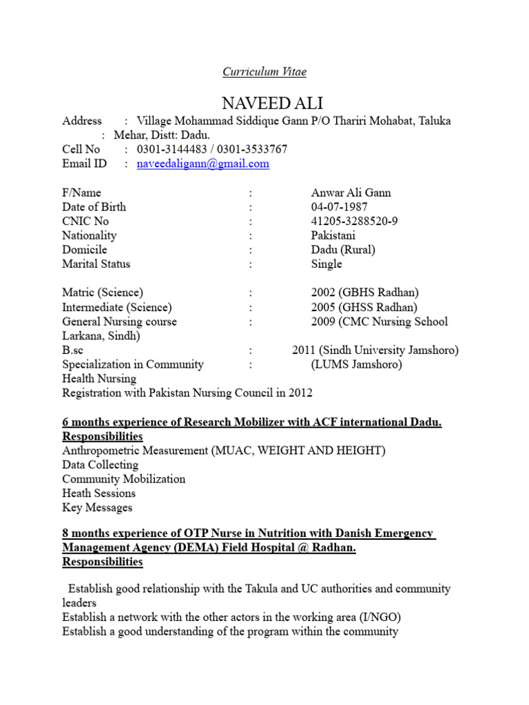 CV Naveed Gann | PDF | Patient | Medical Specialties
