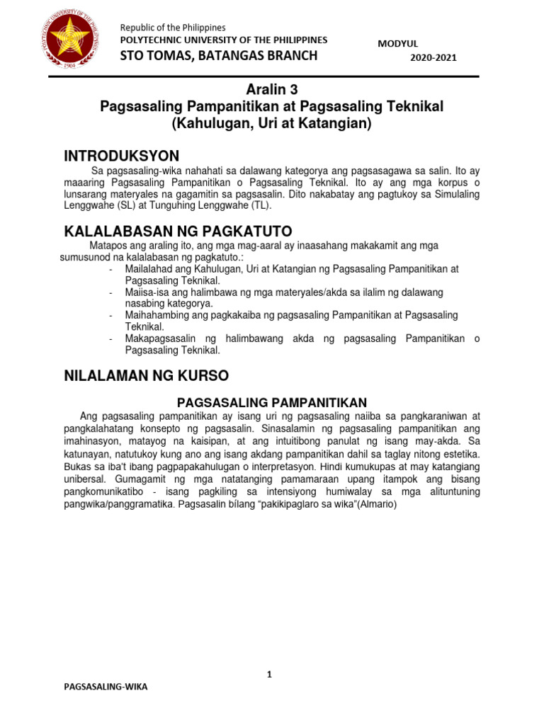 Pagsasalin Mga Gawain Aralin 3 5 | PDF