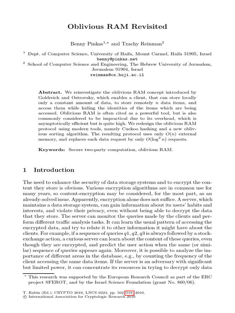Oblivious RAM Revisited: Abstract. We Reinvestigate The Oblivious RAM Concept Introduced by | PDF