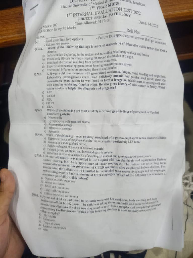 Special Patho Interanl Evaluation 2022 | PDF