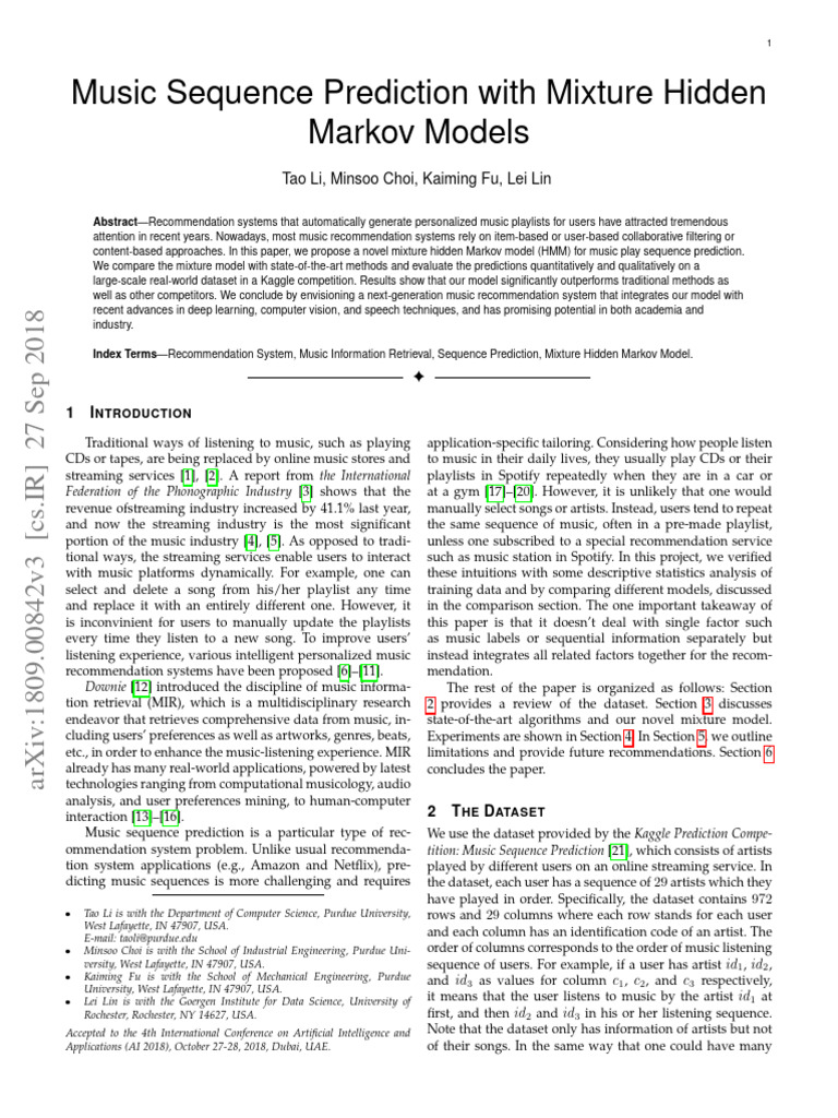 Music Sequence Prediction With Mixture Hidden Markov Models: Tao Li, Minsoo Choi, Kaiming Fu ...
