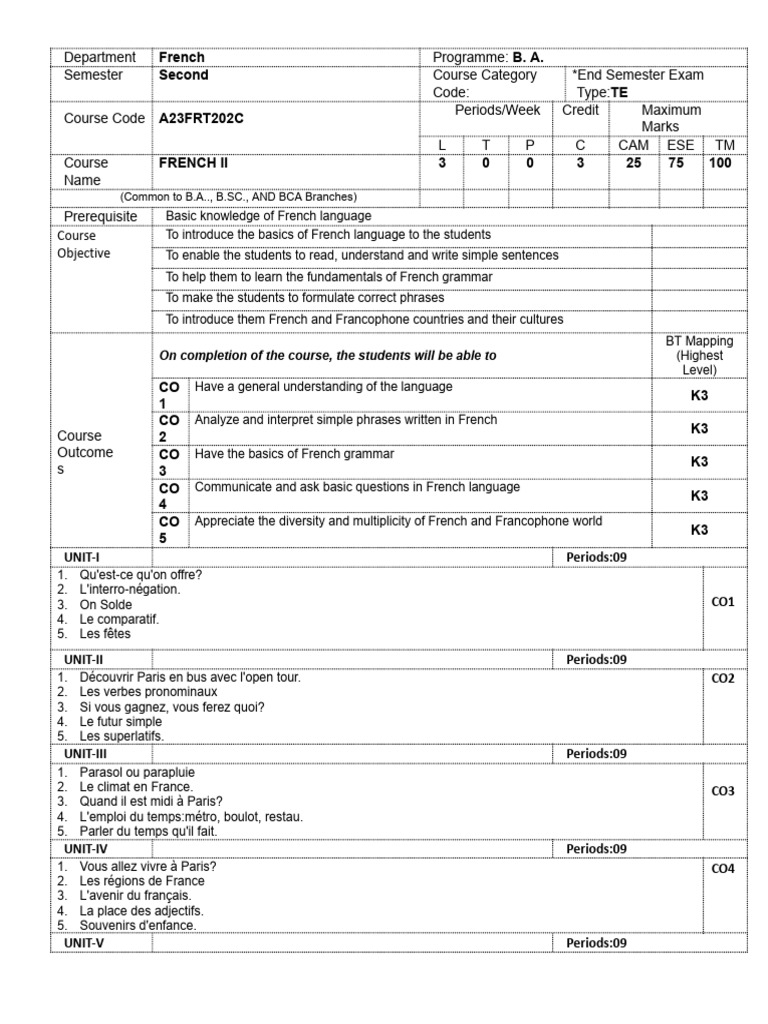 French II Course Overview and Objectives | PDF