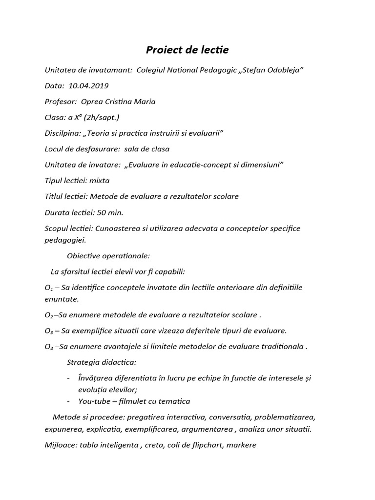 Proiect de Lectie | PDF