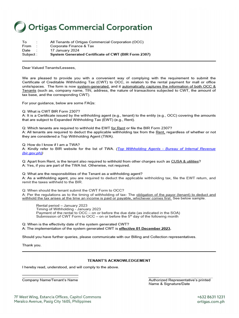 Memo To Tenants - SAP CWT Form 2307 - 110823 2 1 | PDF | Business
