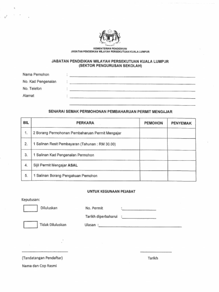 Jabatan Pendidikan WPKL Permit Mengajar Renewal Form | PDF
