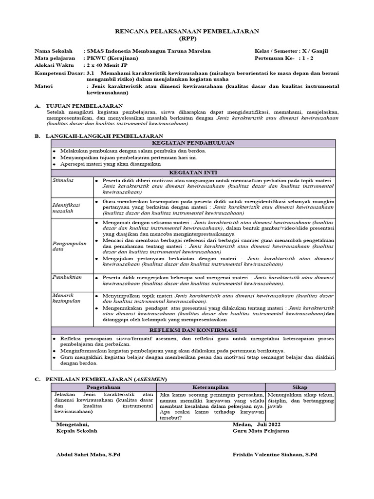 RPP 1 - Pengertian Dan Karakteristik Kewirausahaan | PDF RPP 1 - Pengertian Dan Karakteristik Kewirausahaan | PDF