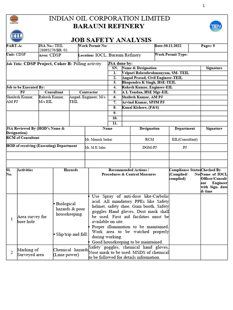 CDSP - JSA - Piling Activity | PDF