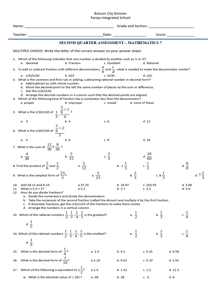 Math 7 - 2nd Periodical Test - 50items | PDF | Numbers | Mathematical ...