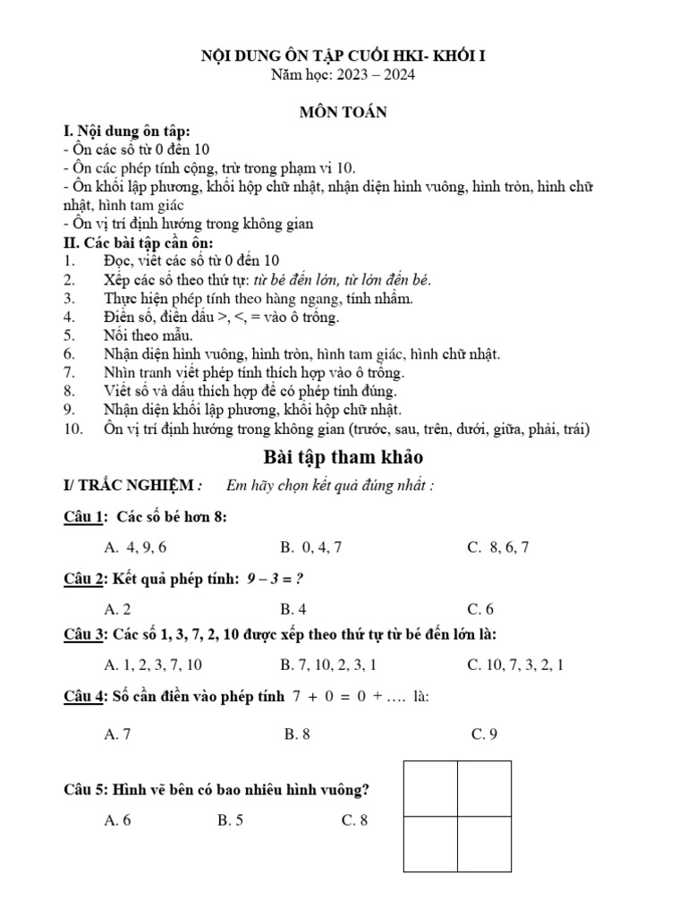 Nội dung ôn tập Toán HK1 | PDF