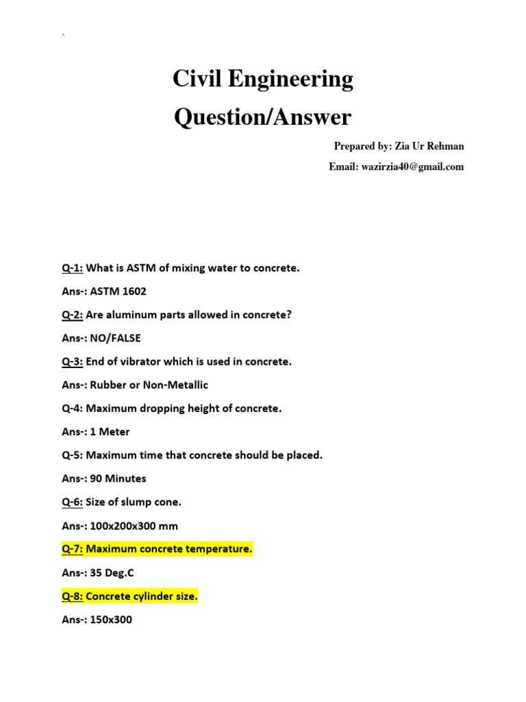Civil Engineering Question/Answer: Prepared By: Zia Ur Rehman | PDF ...