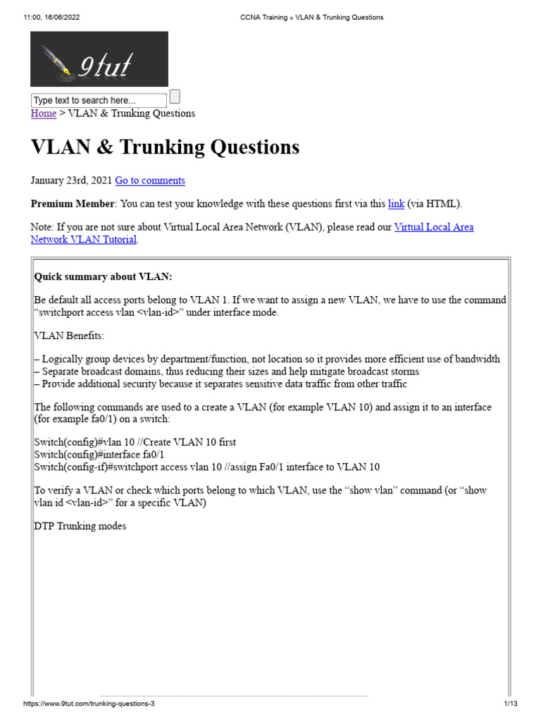 CCNA VLAN and Trunking Quiz Questions | PDF | Network Switch | Cisco ...