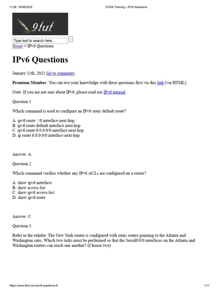 CCNA Training IPv6 Questions | PDF