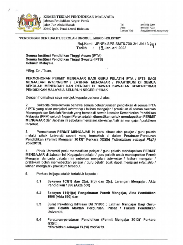 Permohonan Permit Mengajar Bagi Guru Pelatih Ipta | PDF