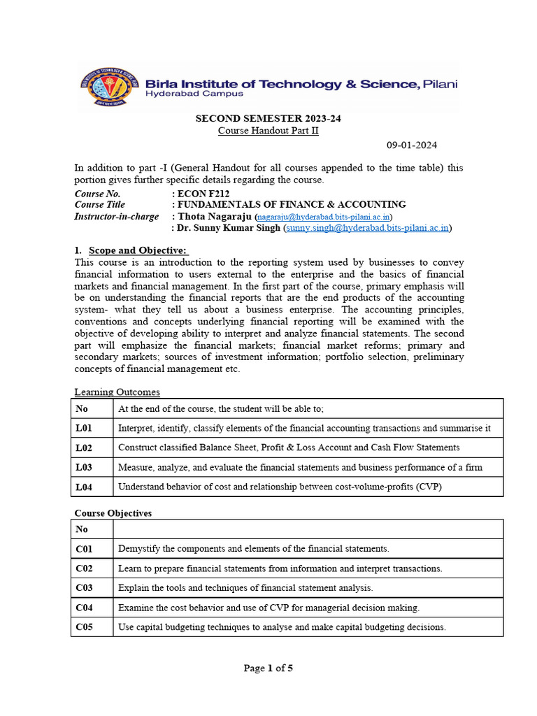 ECON F212 - FOFA - Course - Handout | PDF
