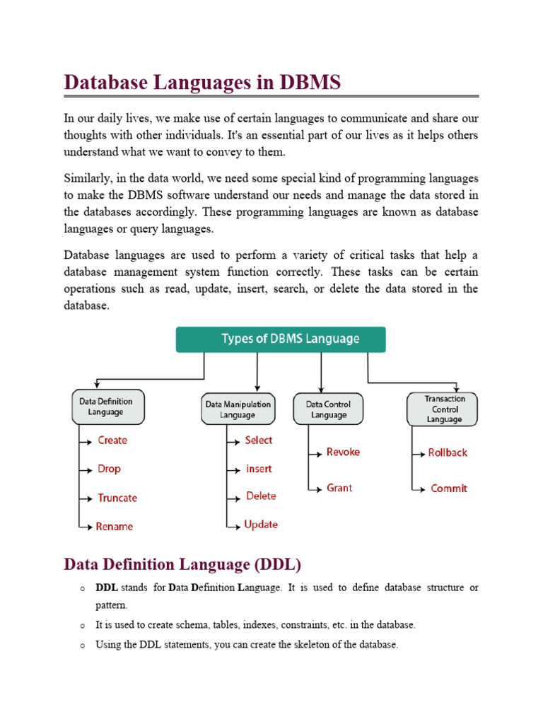 Database Languages In Dbms Pdf Databases Table Database 