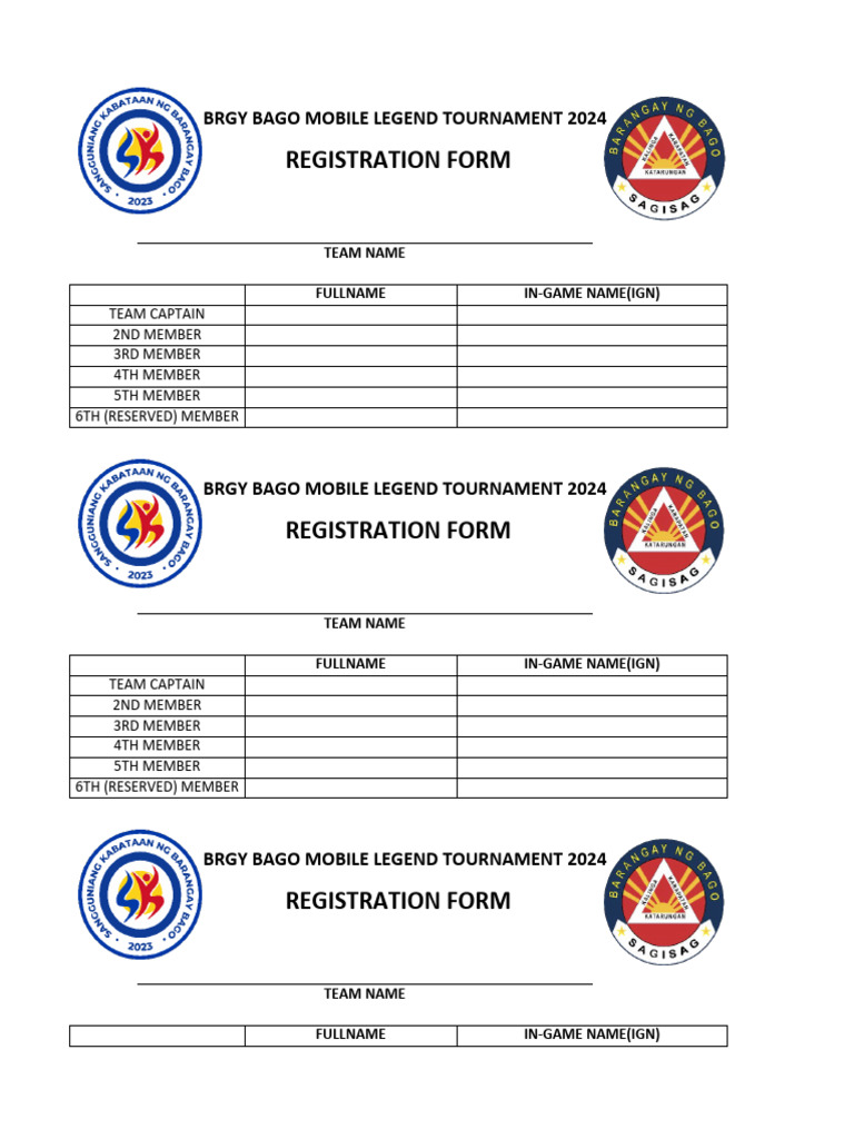 Brgy Bago ML Tournament Registration 2024 | PDF