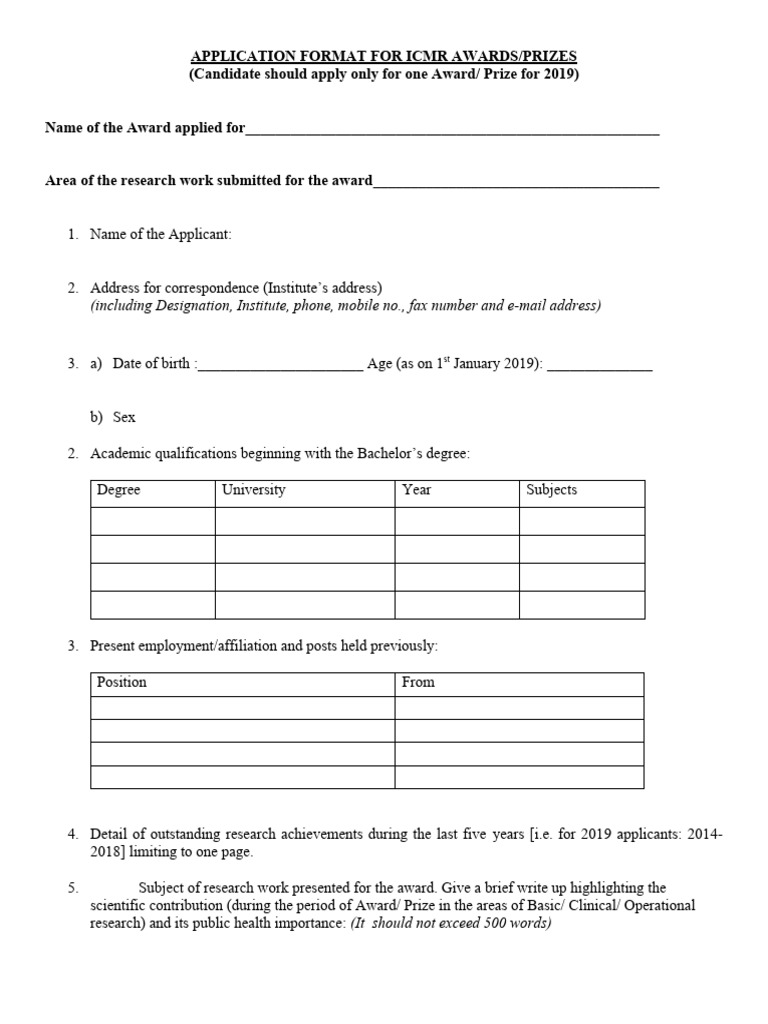 Application Form ICMR Award Prizes 2019 V2 | PDF | Academic Publishing ...