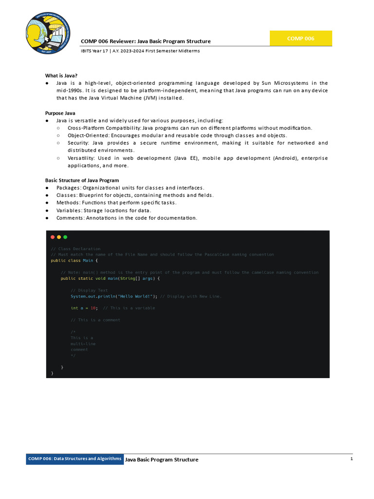COMP 006 Reviewer - Java Basic Program Structure | PDF | Software ... COMP 006 Reviewer - Java Basic Program Structure | PDF | Software ...