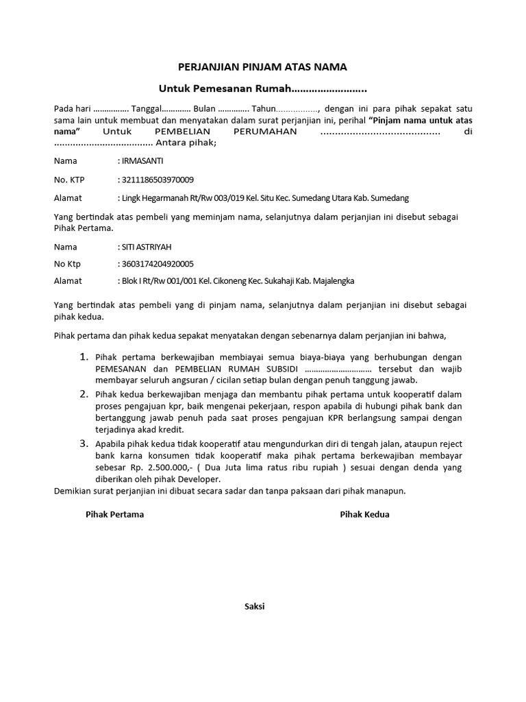 Surat Perjanjian Pinjam Nama | PDF