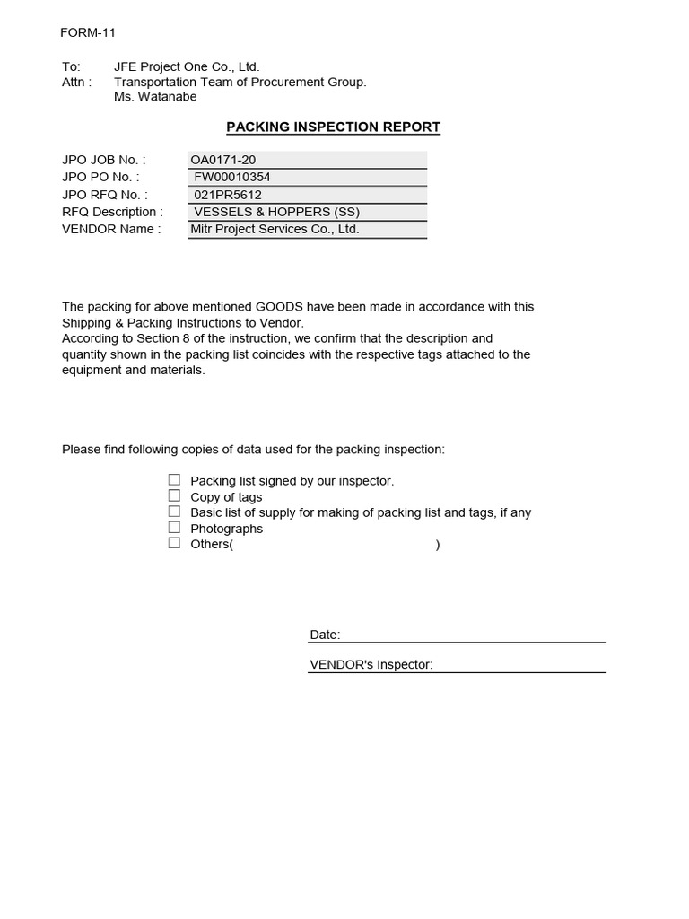 Packing Inspection Report 021PR5612-02 | PDF