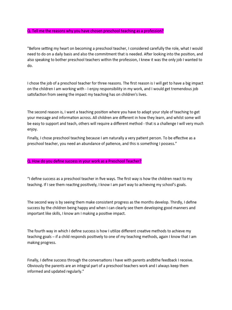 Interview Preschool | PDF | Teachers | Preschool