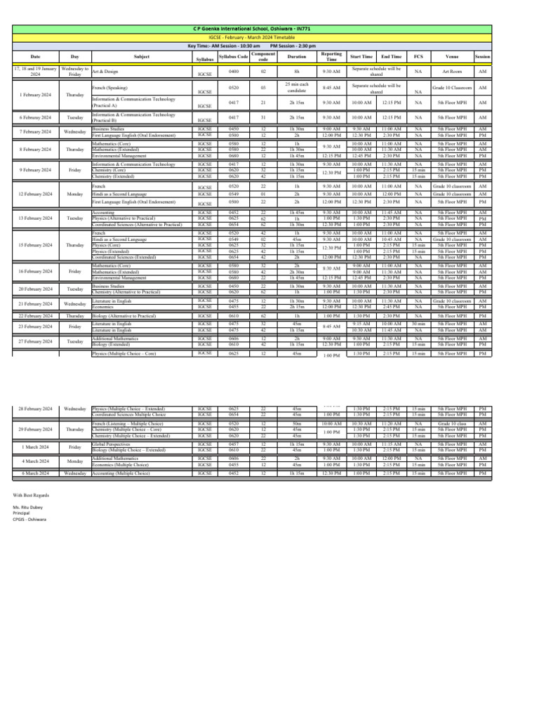 CPGIS CIR209 IGCSE Feb-Mar 2024 Timetable | PDF | Science