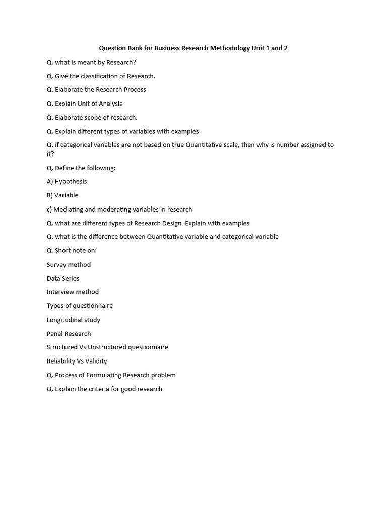Question Bank For Business Research Methodology Unit 1 and 2 | PDF
