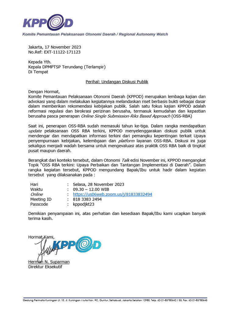 Undangan Otonomi Talk Edisi November DPMPTSP Kab - Kota - Provinsi | PDF