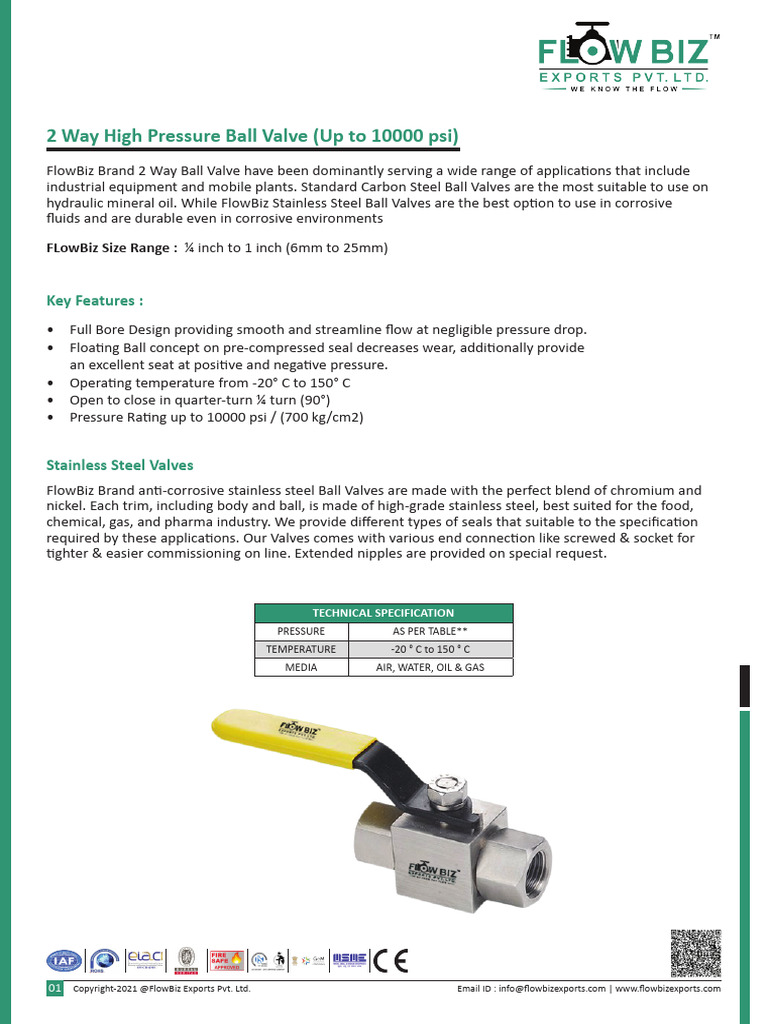 FlowBiz 2 Way High Pressure Ball Valve (Up To 10000 Psi) | PDF