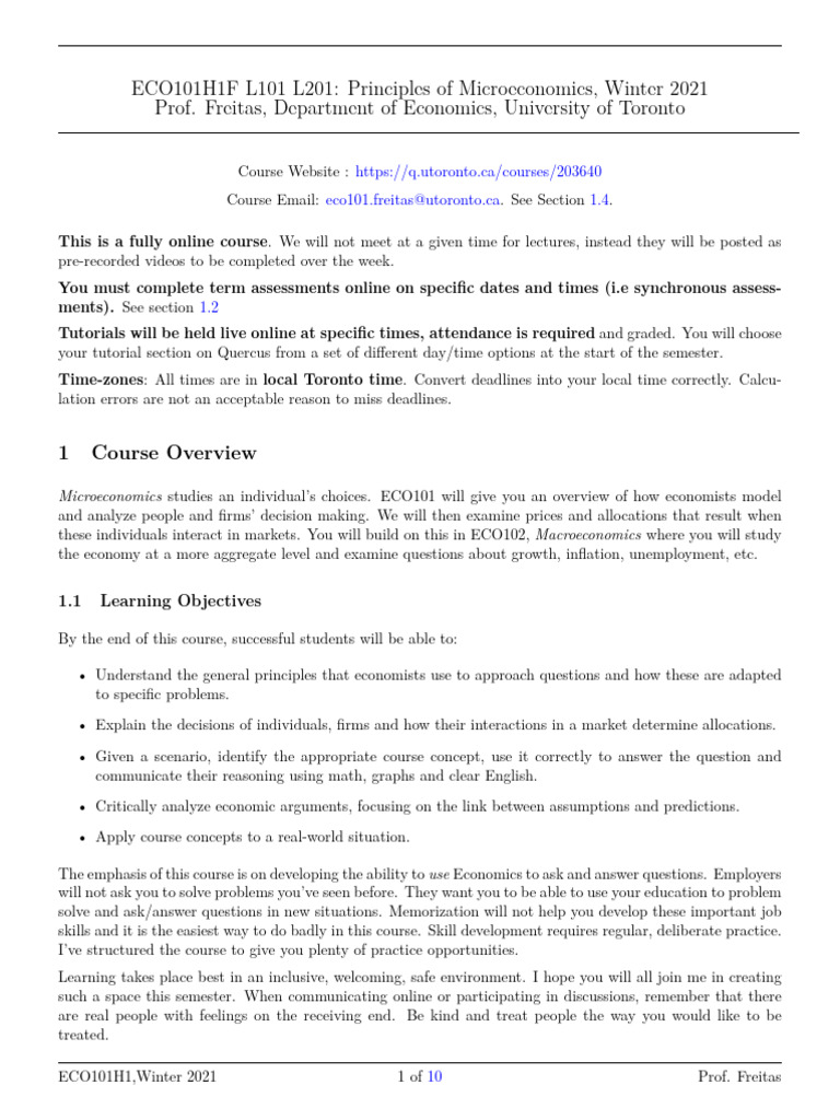 Eco101 Winter L101 L201 Syllabus Pdf Turnitin Economics