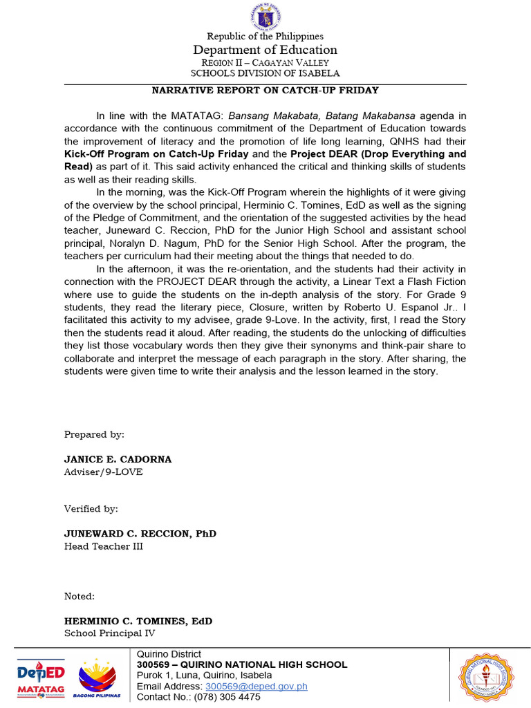 Catch-Up Friday Narrative Report | PDF | Human Communication | Behavior ...
