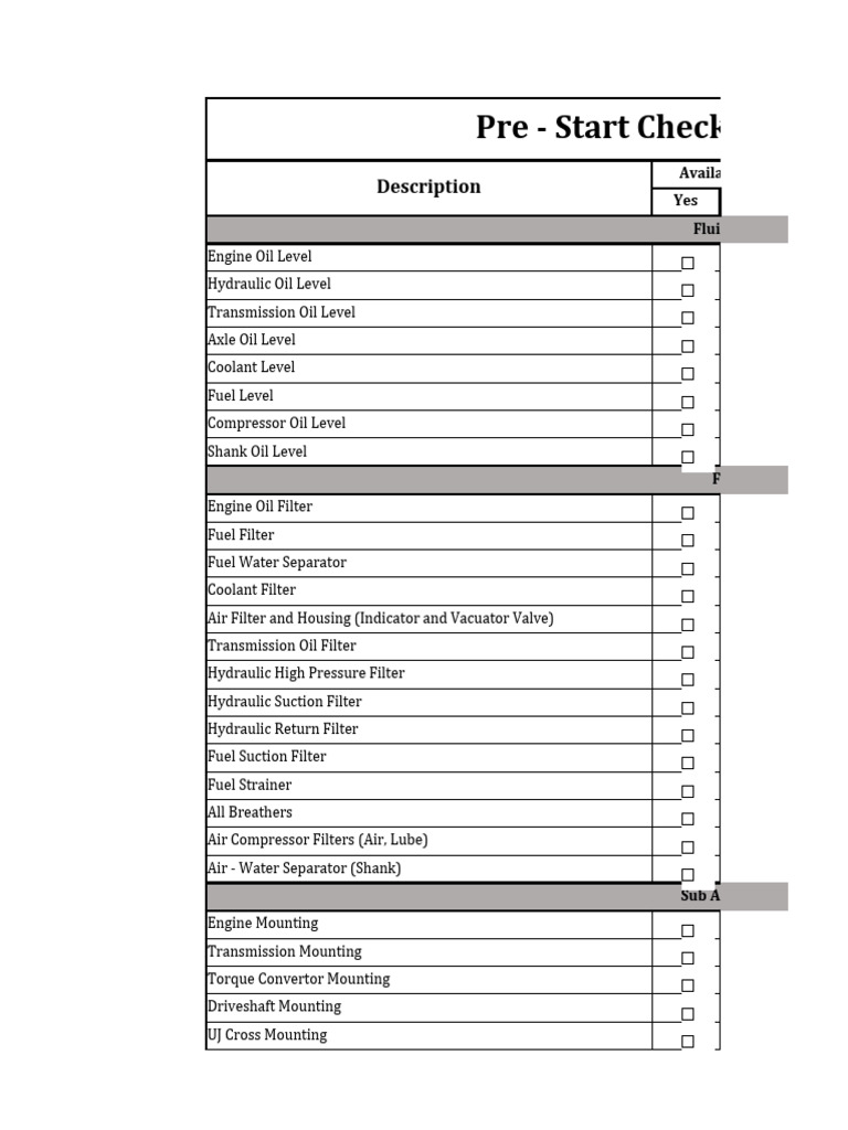 Pre - Post Start Checklist - Hydrostatic Rig | PDF | Pump | Engines