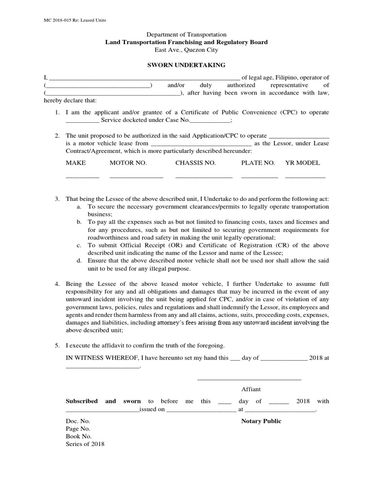 Transport Lease Compliance Form | PDF | Lease | Affidavit