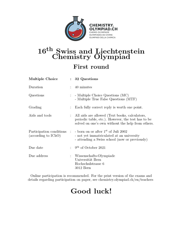 Swiss Chemistry Olympiad 2021/22 First Round | PDF | Chemical Reactions ...