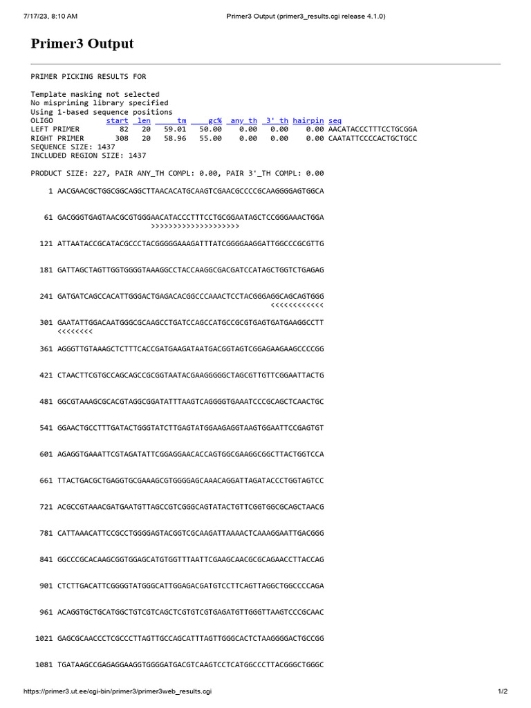 A202001006 - PUTRI WAHYUNI - Primer3 Output (Primer3 - Results - Cgi Release 4.1.0) | PDF ...