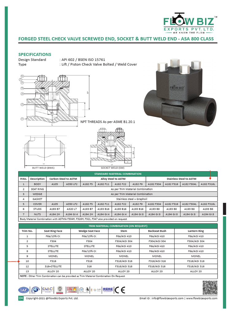 FlowBiz-FORGED-STEEL-CHECK-VALVE 800 Class | PDF | Valve | Mechanical Engineering