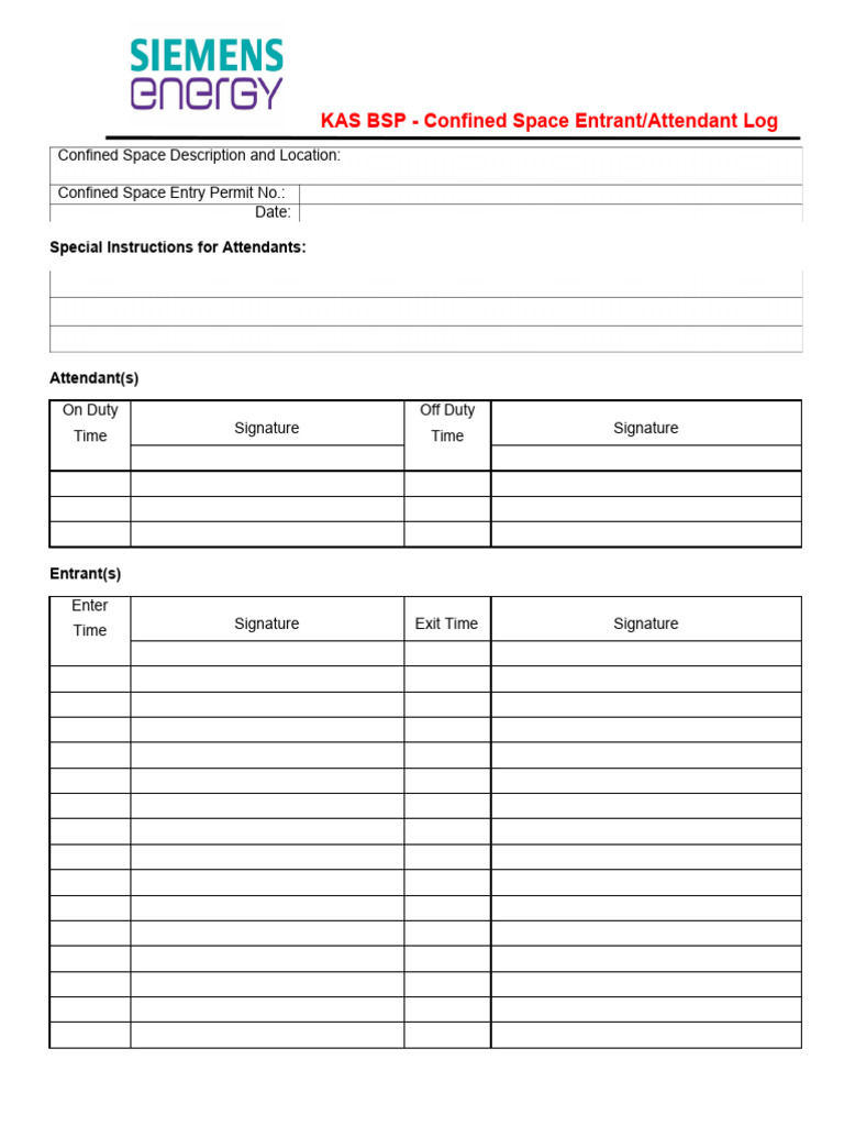Confined Space Entry Log Template | PDF | Safety | Occupational Safety ...
