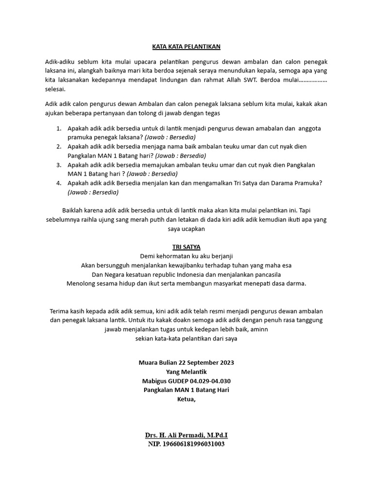 KATA KATA PELANTIKAN PRAMUKA PENEGAK DAN IKRAR | PDF