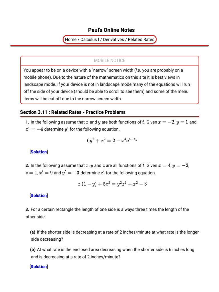 Calculus I - Related Rates (Practice Problems) | PDF | Equations | Calculus