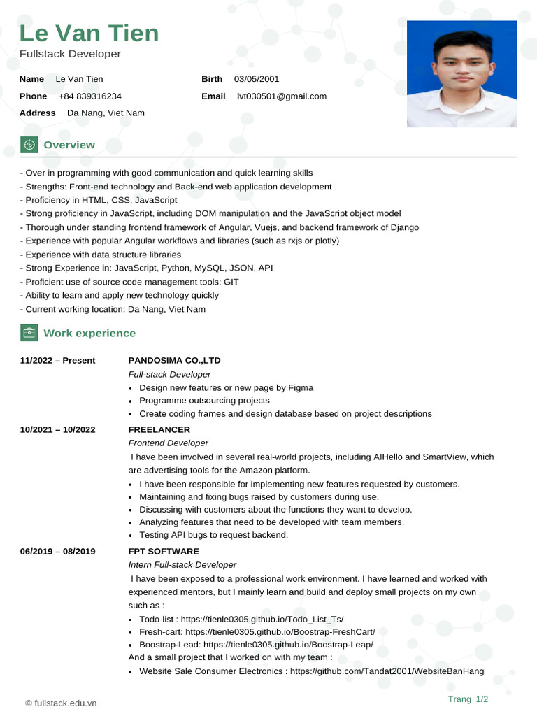 Fullstack Developer Resume: Le Van Tien | PDF | Java Script | Web Development