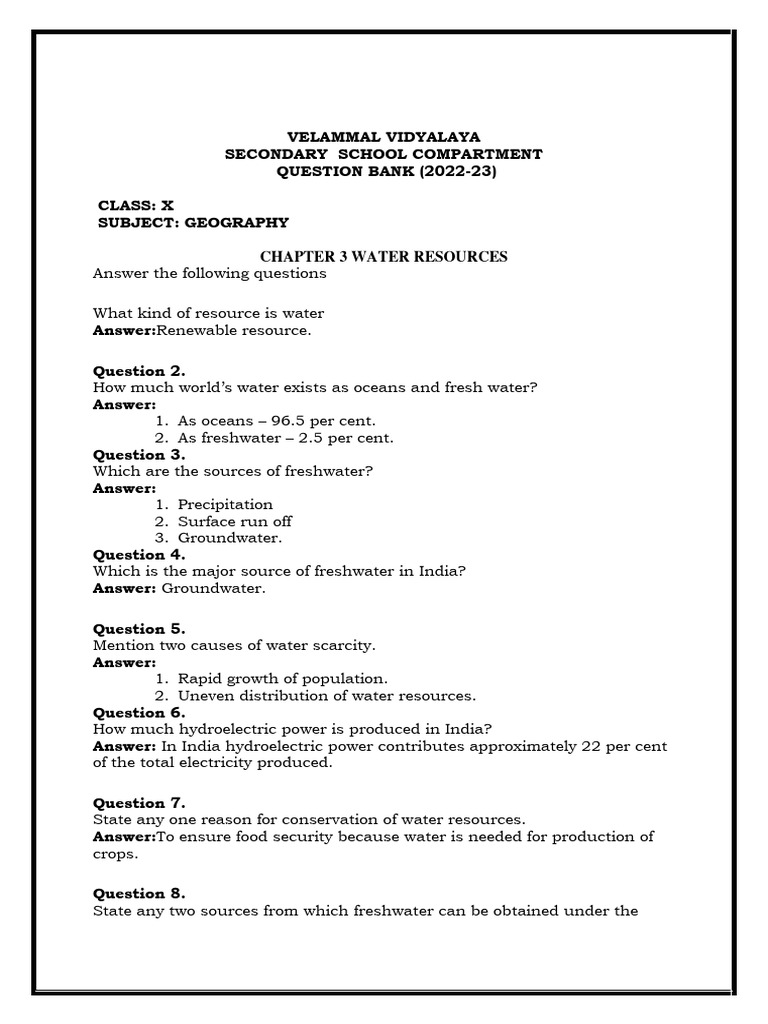 Class 10 Water Resources Question Bank | PDF | Dam | Water Resources
