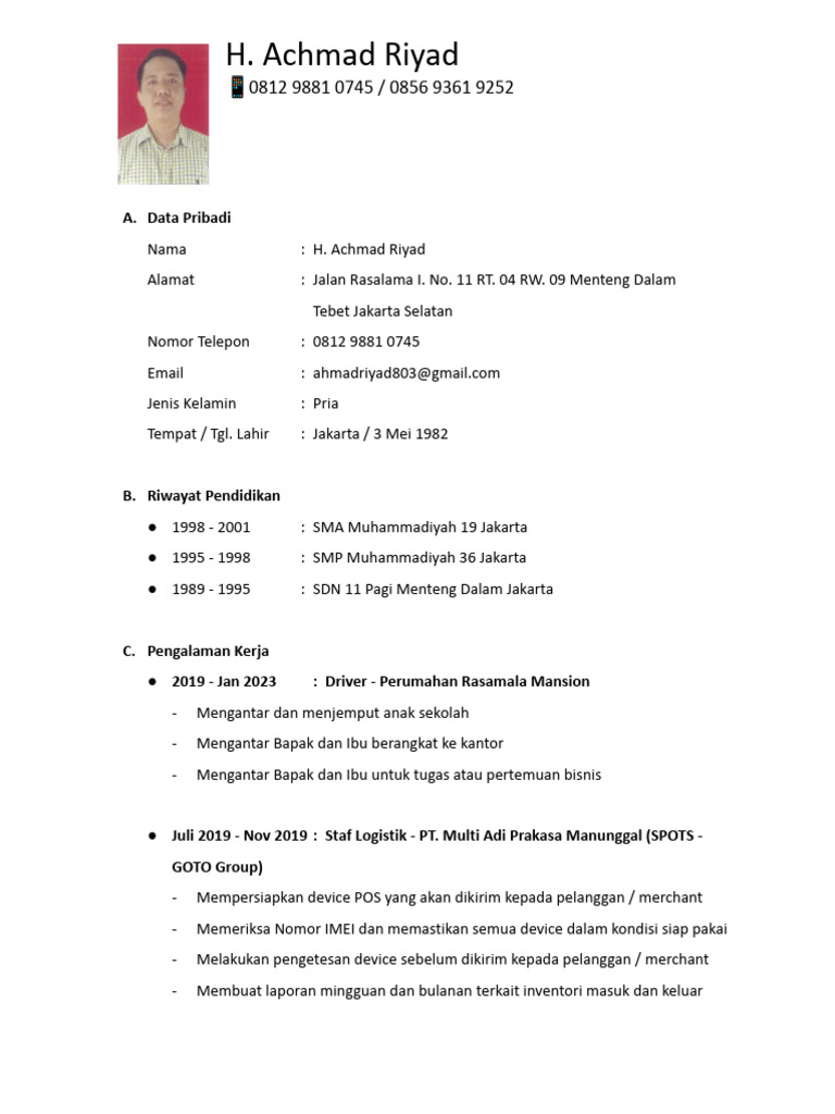 ACHMAD RIYAD Sopir Operasional Kantor Resume | PDF