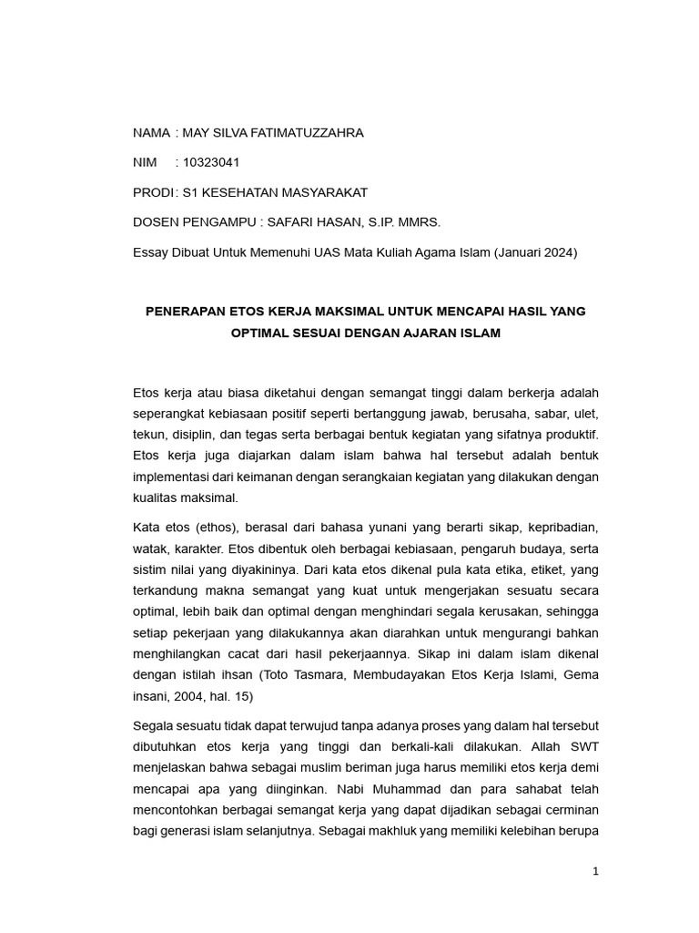 Tugas UAS PAI 2024 - S1 Kesmas - 10323041 - May Silva Fatimatuzzahra | PDF