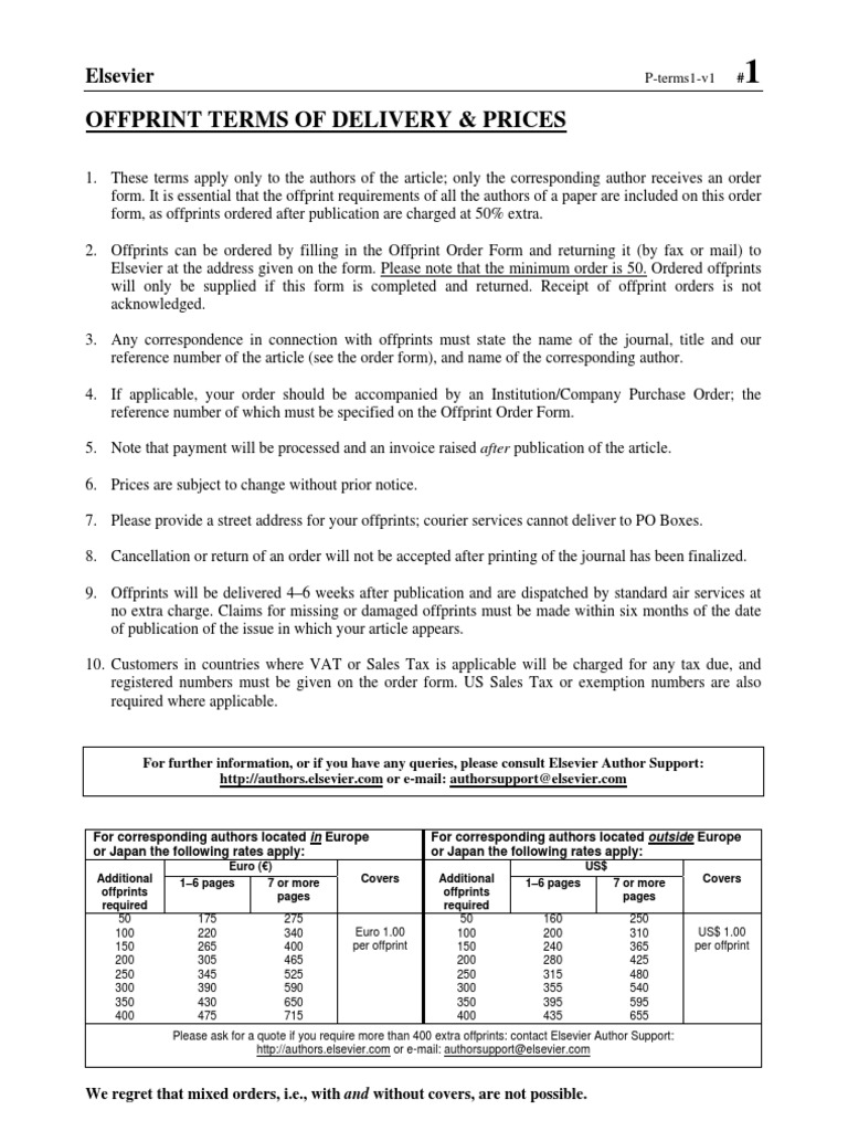 Elsevier Offprint Order Terms & Prices | PDF