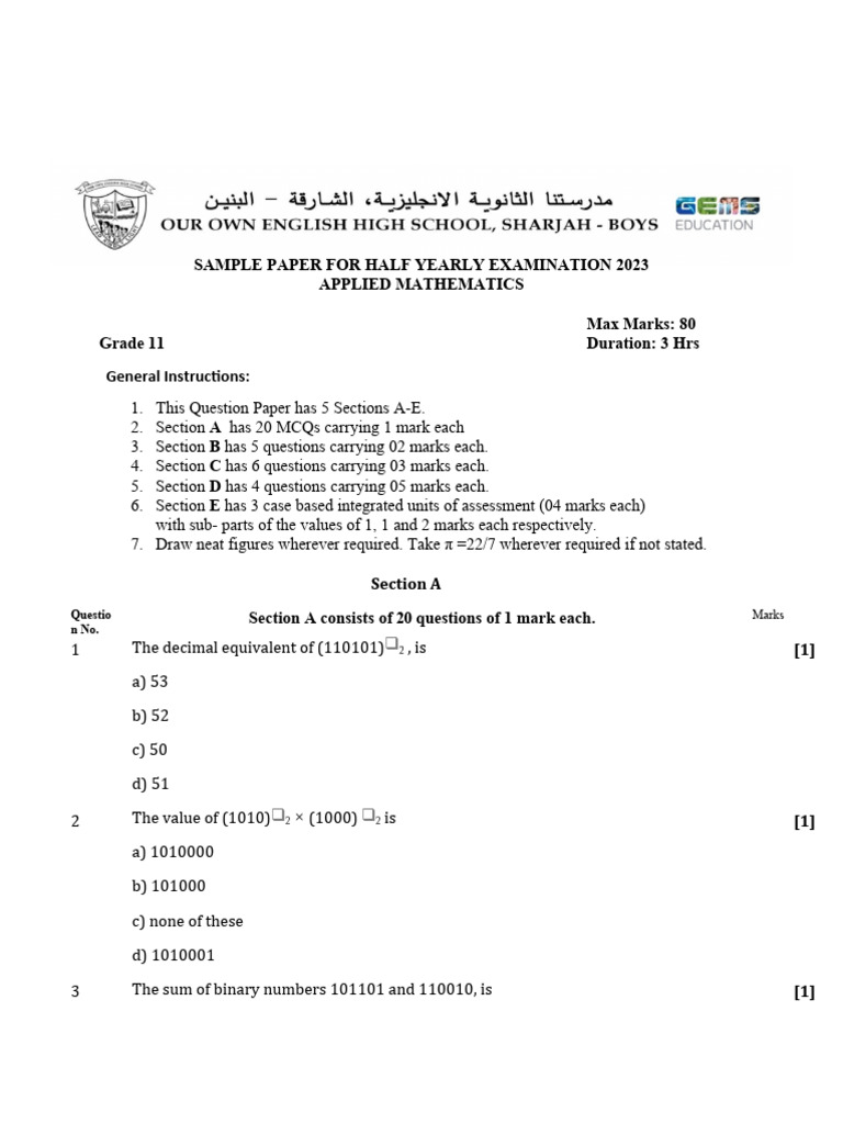 Class 11 Applied Mathematics Half-Yearly Paper | PDF | Elementary ...